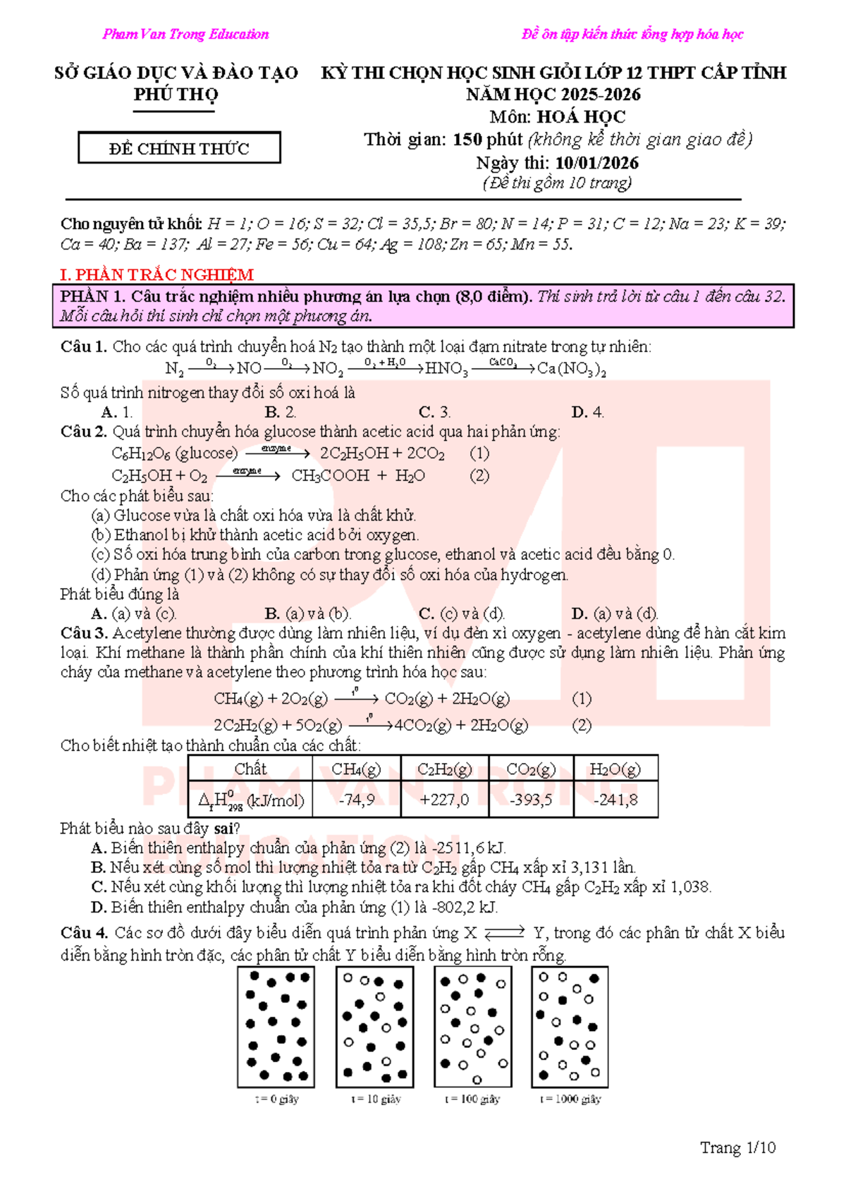 ĐỀ HSG MÔN HÓA PHÚ THỌ 2025-2026 - ĐỀ ÔN TẬP KIẾN THỨC - Studocu