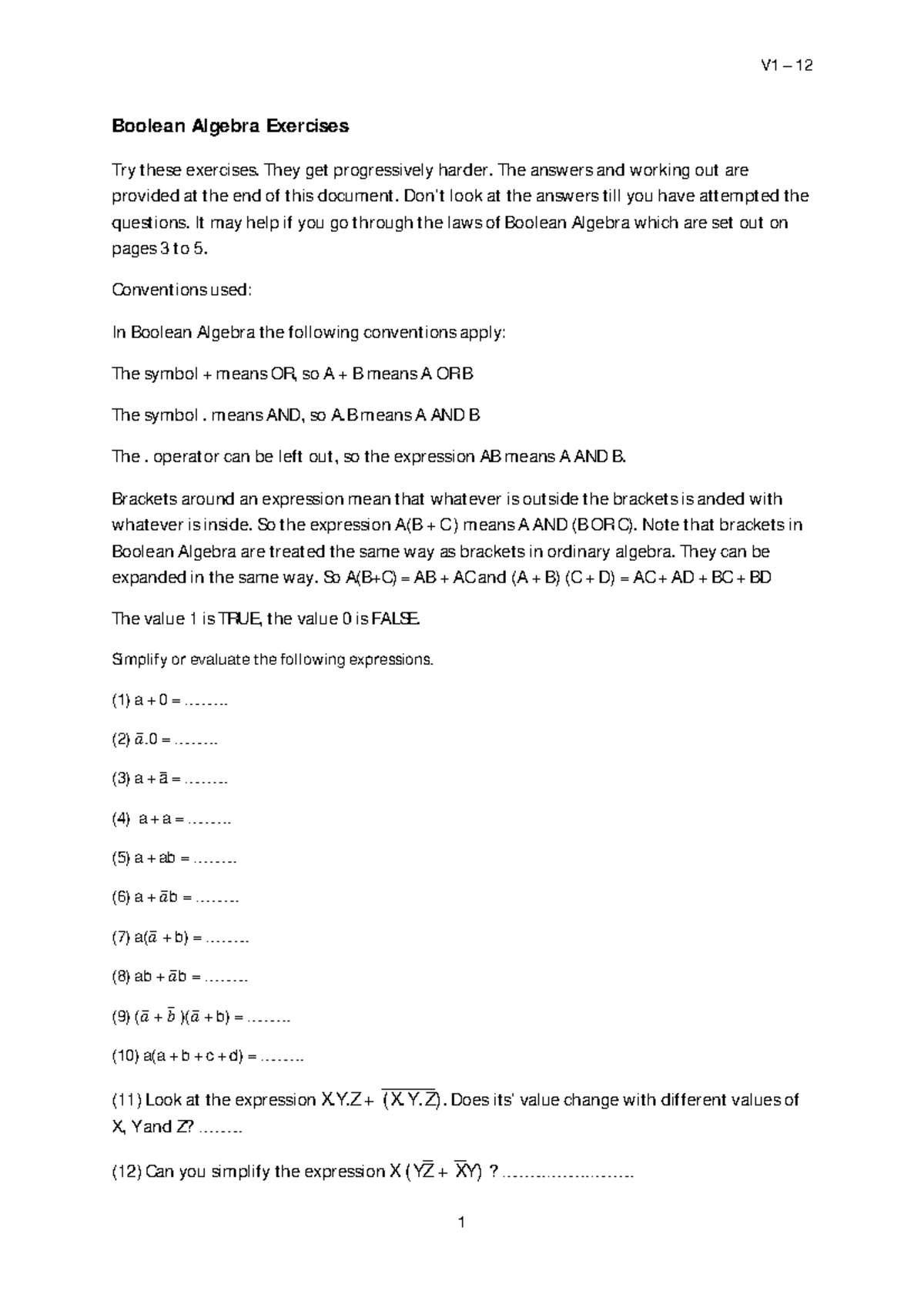 Boolean Algebra Exercises v1-12-exercises with answers - Boolean ...
