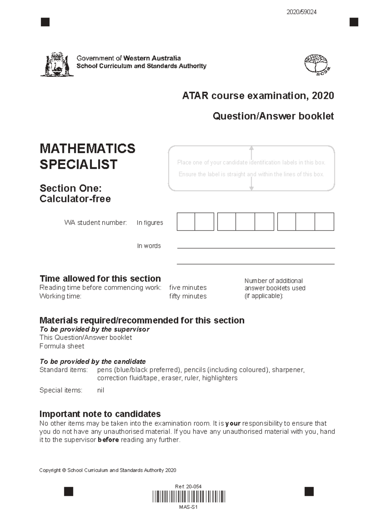 2020 MATHEMATICS SPECIALIST Exam Booklet - Calculator Free - Studocu