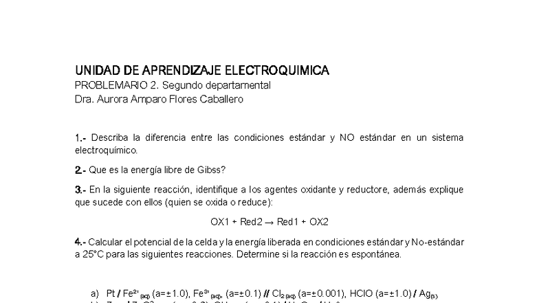 Problemario 2do Deptal: Electroquímica y Energía Libre de Gibbs - Studocu