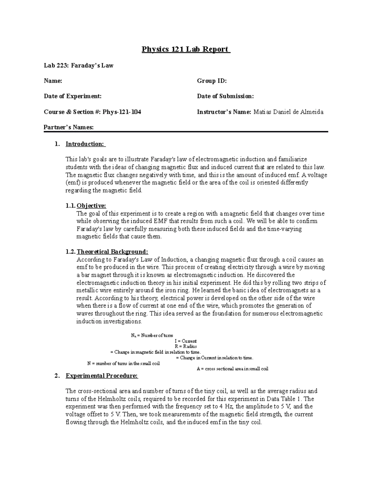 Lab 215 - Ohm's Law - Current, Voltage, and Resistance Measurements - Physics 121 Lab Report Lab ...