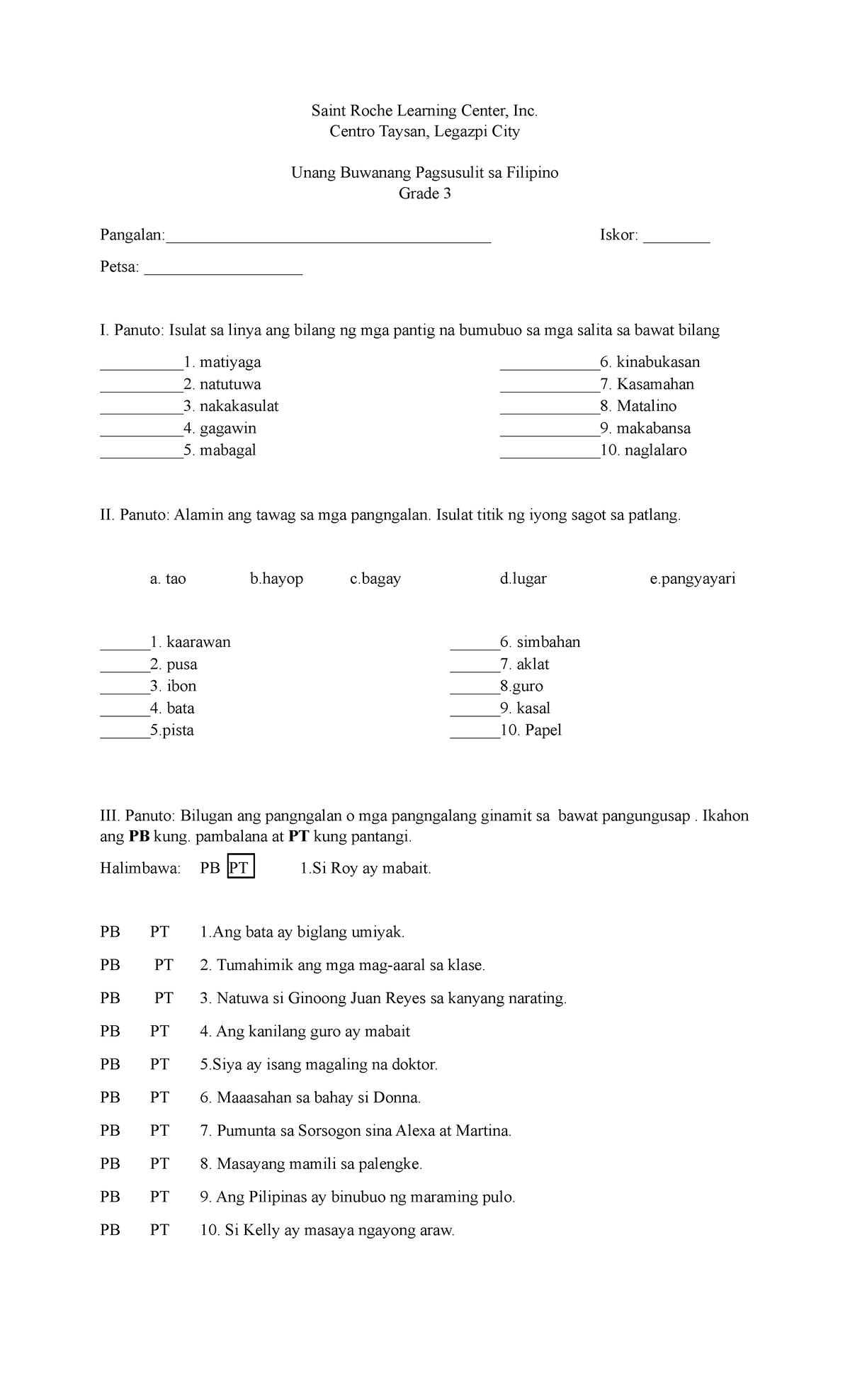 Grade 3 Filipino - EXAM - Saint Roche Learning Center, Inc. Centro ...