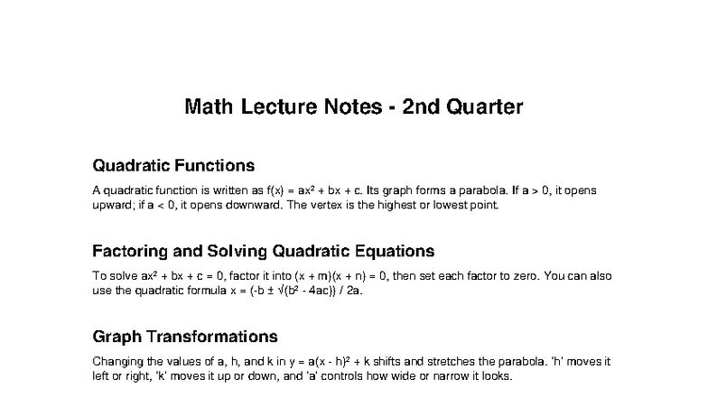 Math Lecture Notes: 2nd Quarter on Quadratic Functions - Studocu