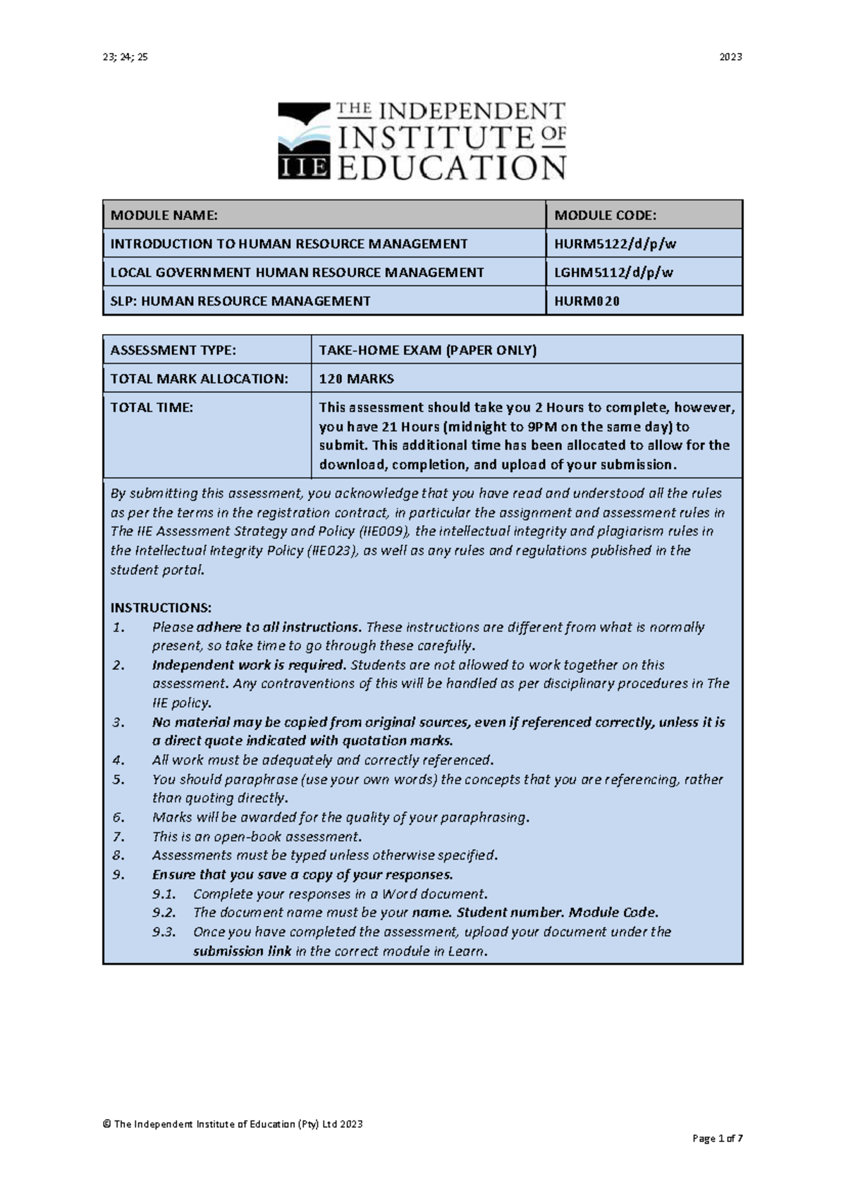 HURM5122Ea 2023 Take-Home Exam Past Paper for HR Management Studies ...