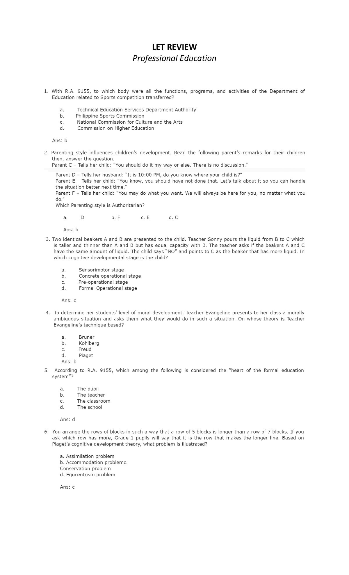 Prof Ed LET Review: Key Concepts and Practice Questions - Studocu