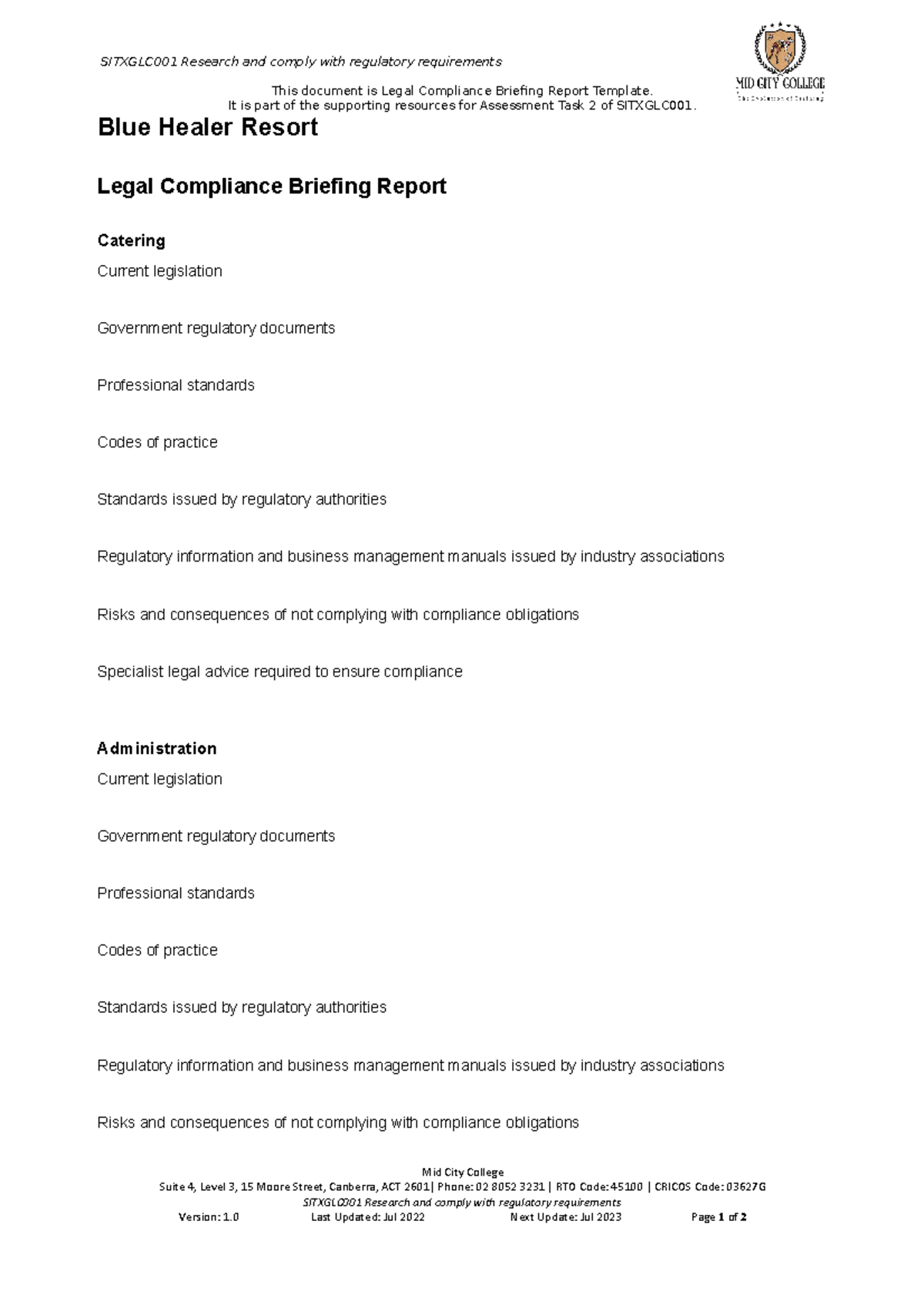 SITXGLC001 Legal Compliance Briefing Report Template for Assessment ...