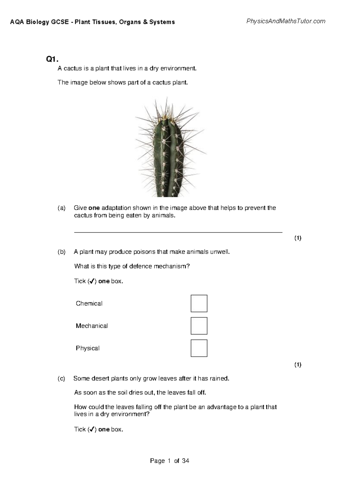 2.3 Plant Tissues, Organs & Systems Quiz Paper - Studocu