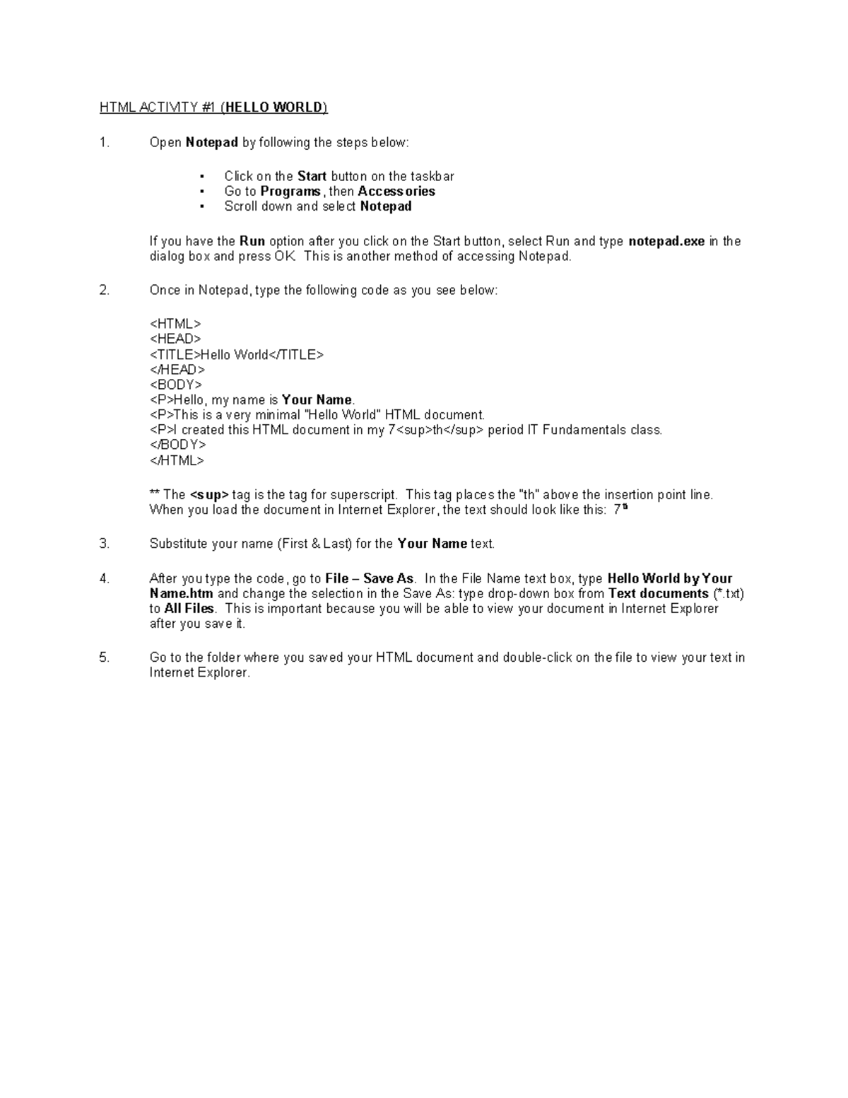 HTML Activity: Creating a Hello World Document in IT Fundamentals - Studocu