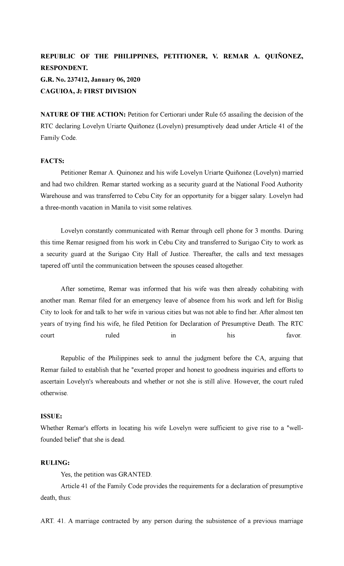 Petition for Declaration of Presumptive Death: G.R. No. 237412 Analysis ...