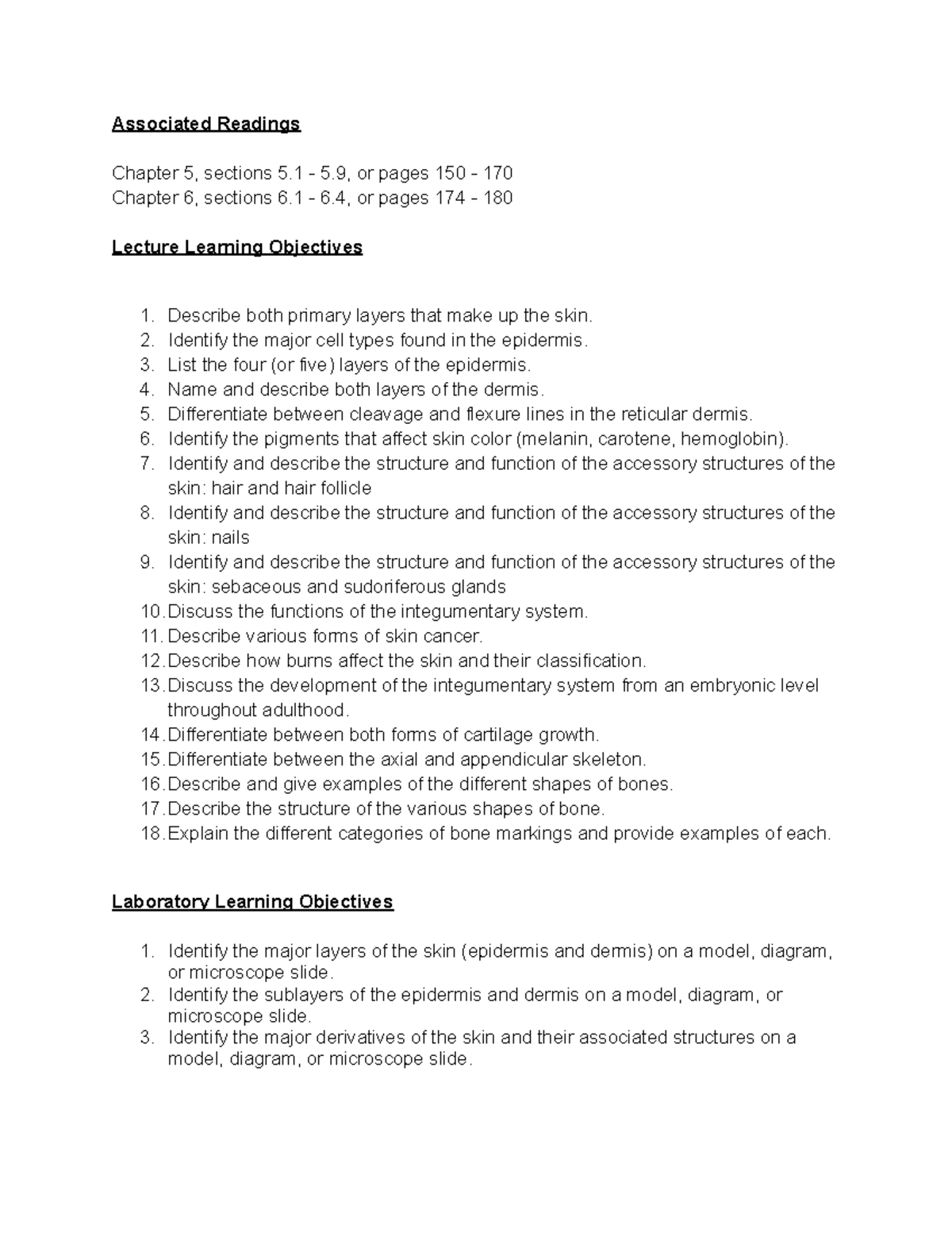 Integumentary System & Skeletal Anatomy Learning Objectives (BIO 101 ...