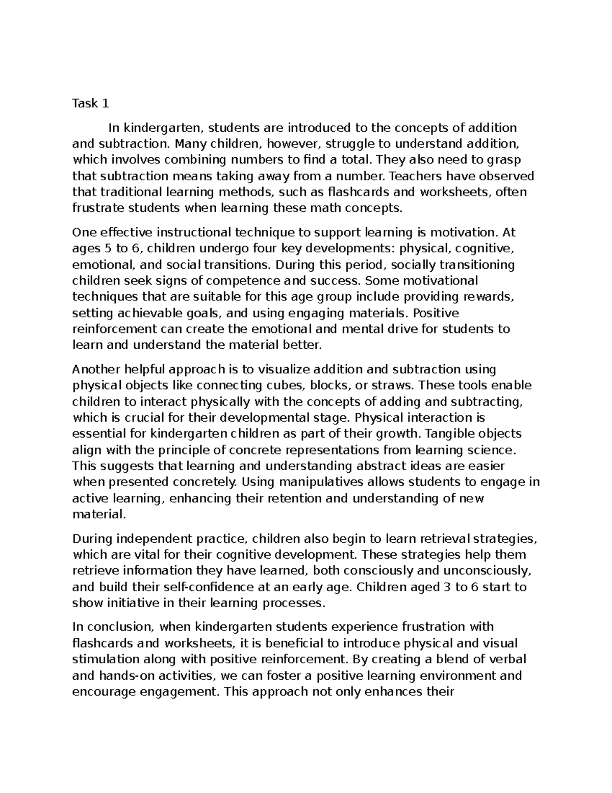 task 1 learning science - Task 1 In kindergarten, students are ...