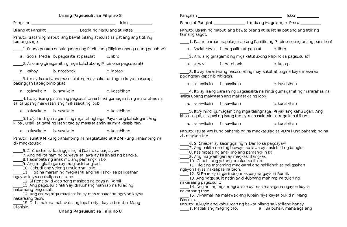 Unang Pagsusulit sa Filipino 8 Q1: Karunungang Bayan & Pagsusulit - Studocu