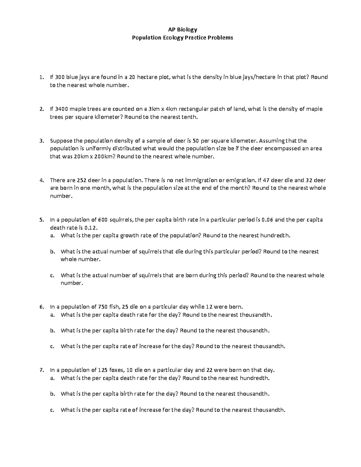 AP Biology Population Ecology Practice Problems and Solutions - Studocu