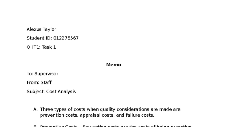 QHT1: Task 1 Memo - Cost Analysis of Quality Considerations - Studocu