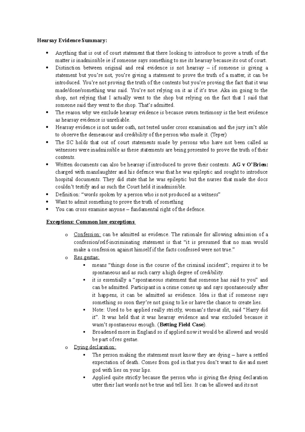 Hearsay Evidence Overview and Legal Exceptions Analysis - Studocu