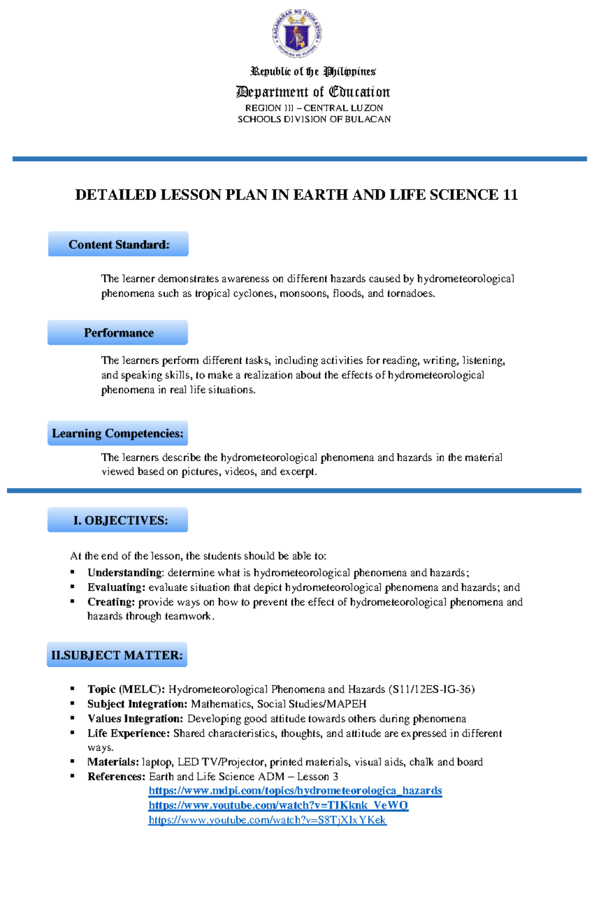 DLP Earth AND LIFE Science - Republic of the Philippines Department of ...