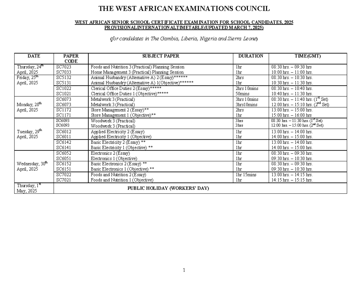 WASSCE (SC) 2025 Provisional Timetable for Candidates in West Africa ...