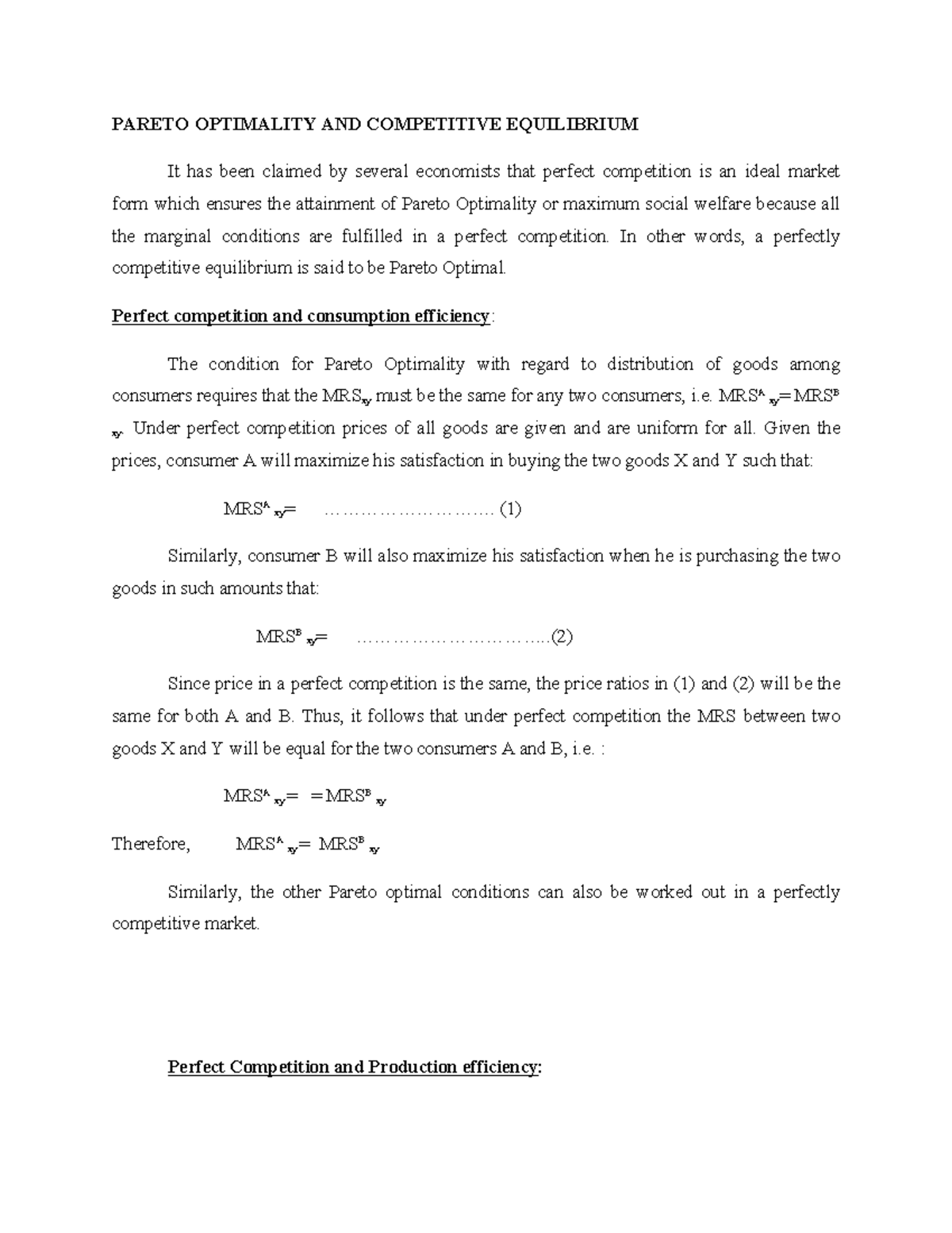 Pareto optimality and Competitive Equilibrium - PARETO OPTIMALITY AND ...