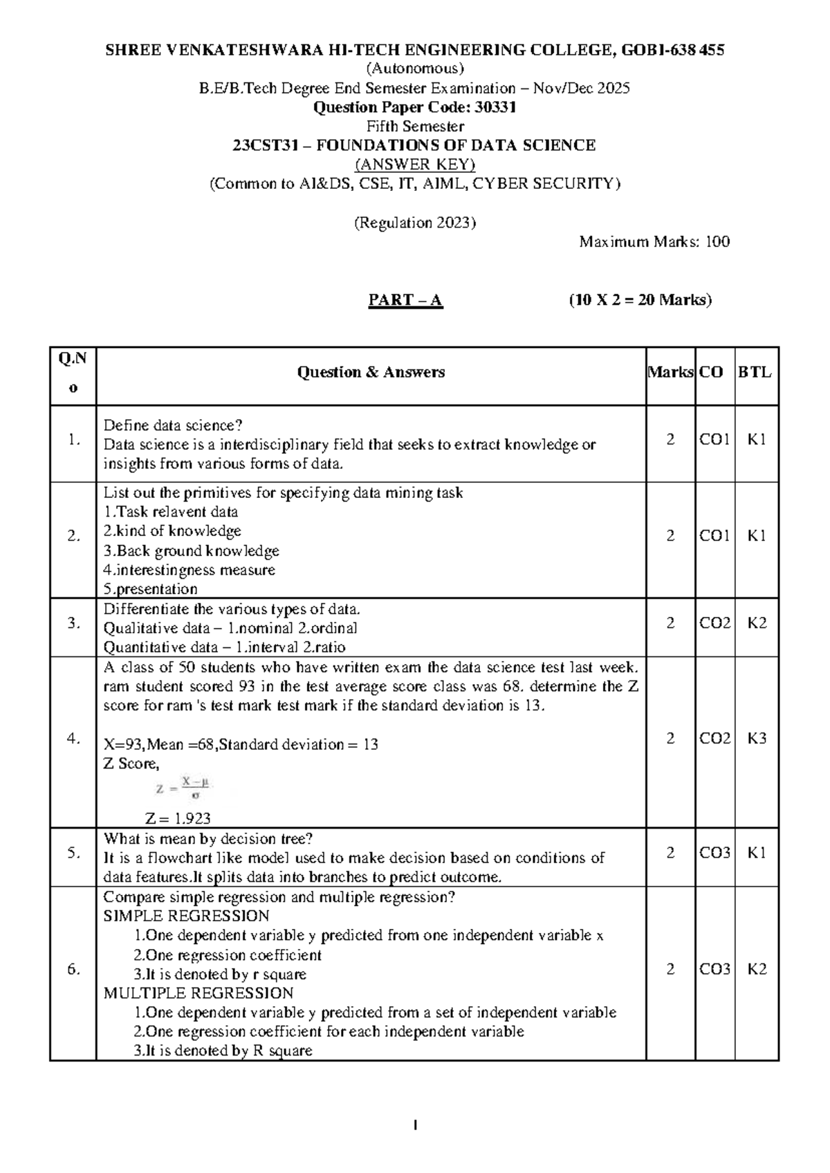 23CST31 - Foundations of Data Science End Semester Exam Answer Key ...