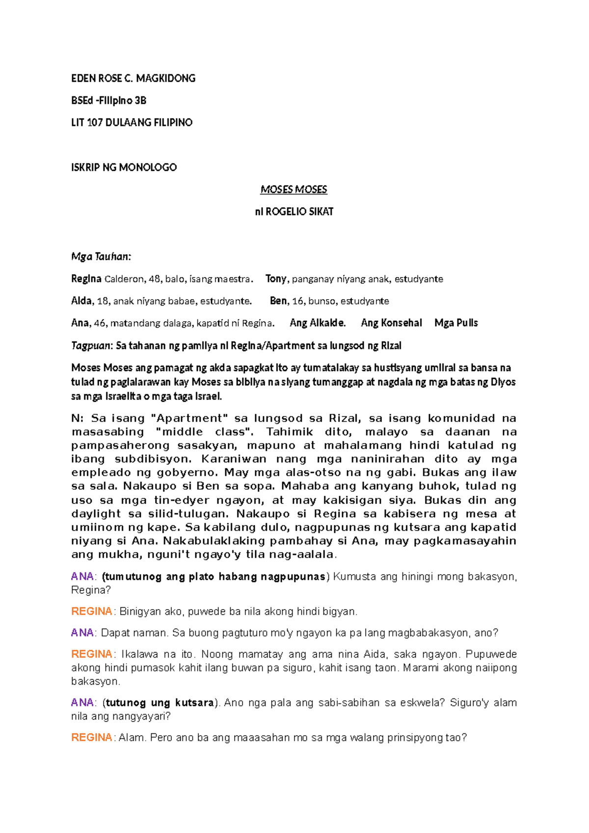 Moses Moses-DULA: Iskript ng Monologo ni Rogelio Sikat (LIT 107) - Studocu