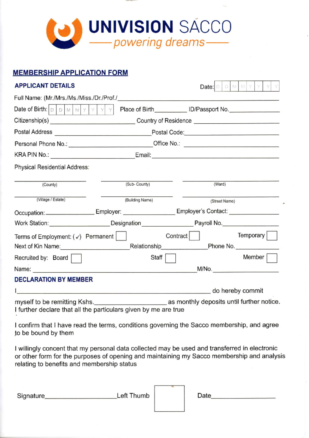 UNIVISION SACCO Membership Application Form: Complete Guide - Studocu