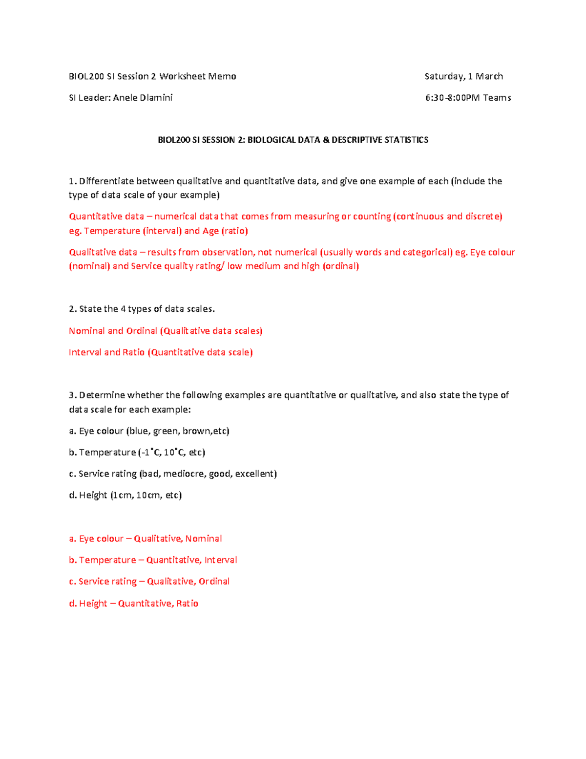 BIOL200 SI Session 2 Worksheet Memo: Biological Data & Stats Insights - Studocu