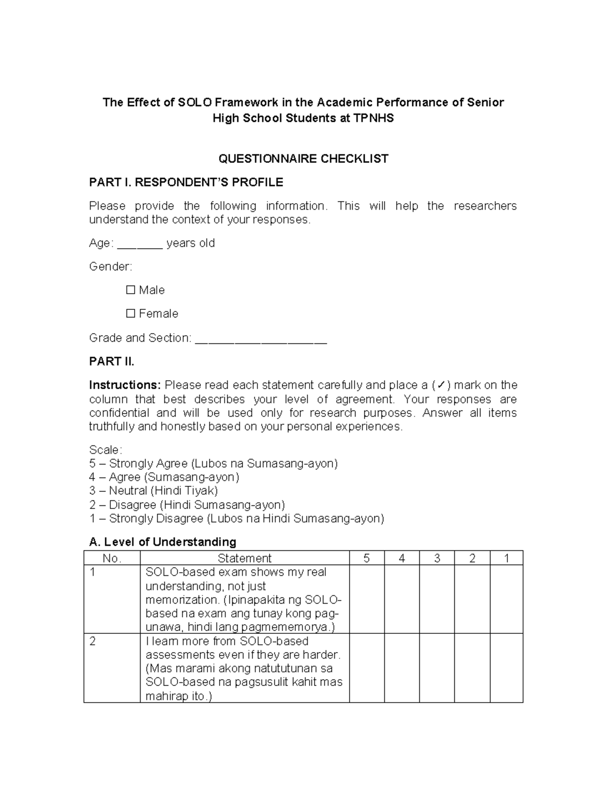 SOLO Framework Questionnaire for Academic Performance Assessment - Studocu
