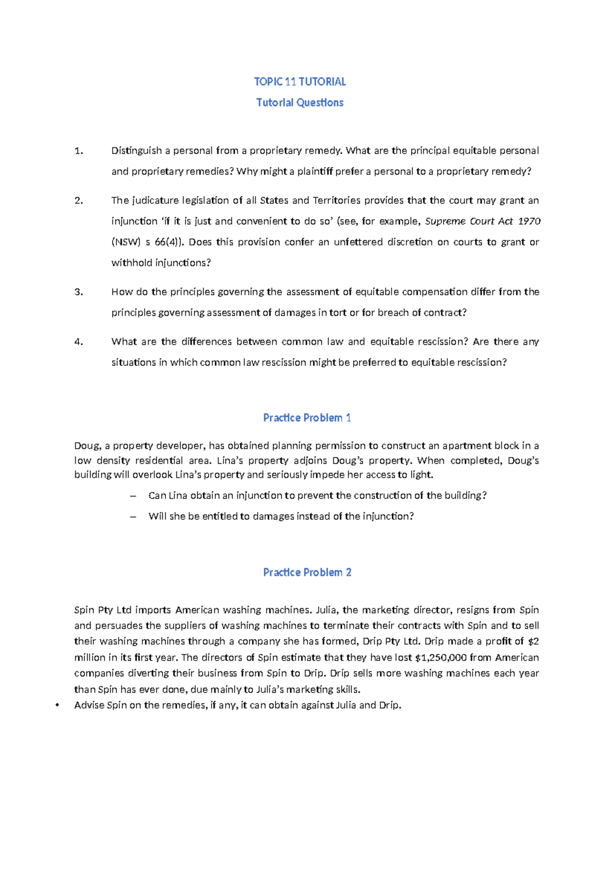 Tutorial Questions for Topic 11: Equitable Remedies & Legal Principles ...