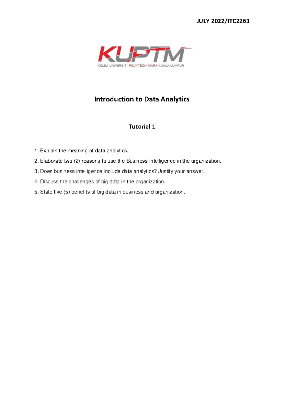 ITC 2022 Tutorial 1: Introduction to Data Analytics Insights - Studocu