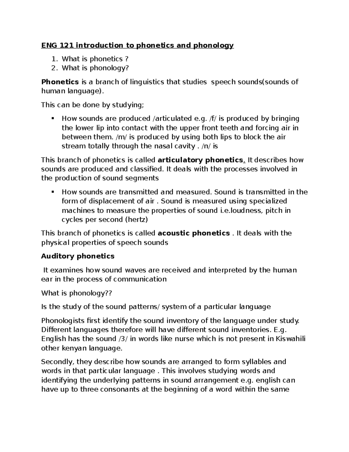 ENG 121 - Introduction to Phonetics and Phonology Notes - Studocu