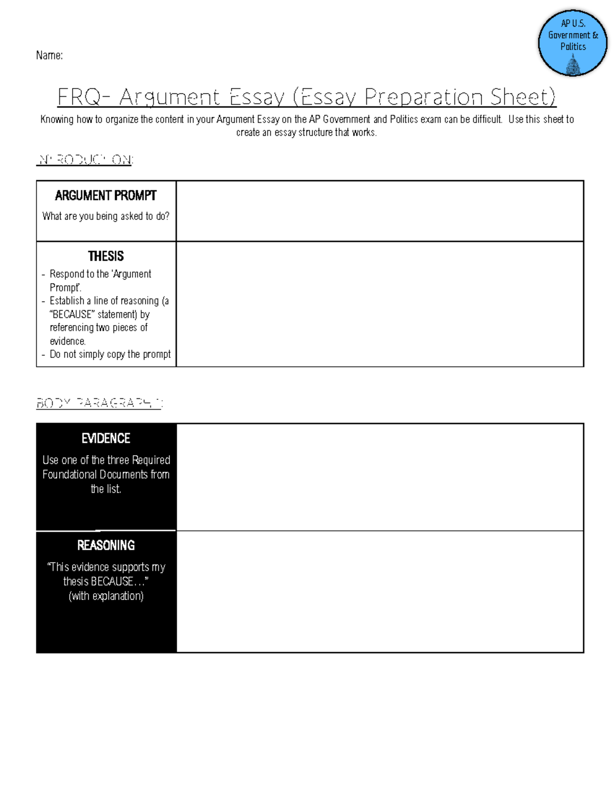 AP U.S. Government Politics: Argument Essay Prep Template - Studocu