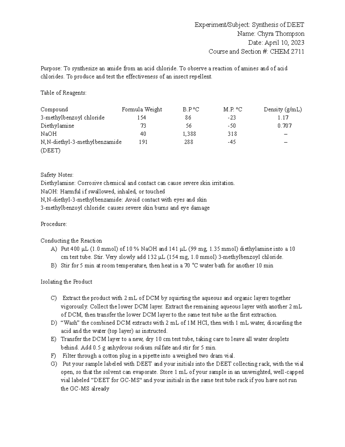 Synthesis of DEET Pre-Lab - Experiment/Subject: Synthesis of DEET Name ...