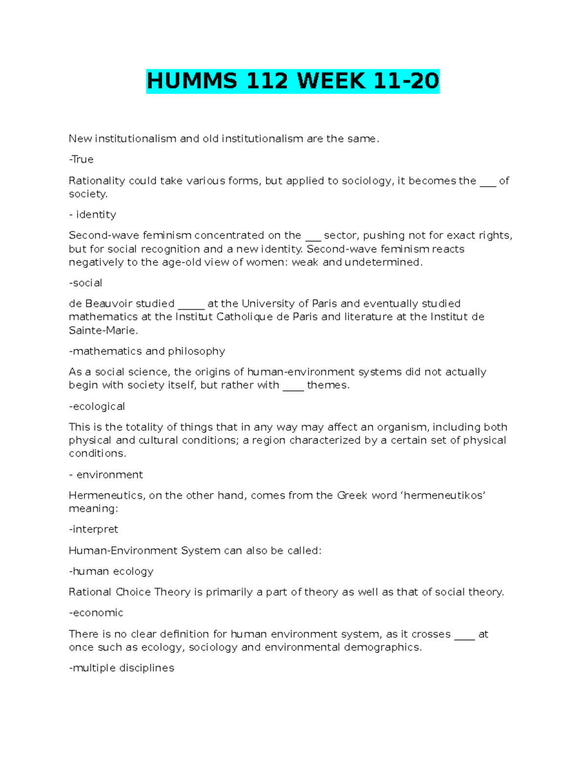 HUMMS 112 Week 20 - Institutionalism and Feminism Insights - Studocu