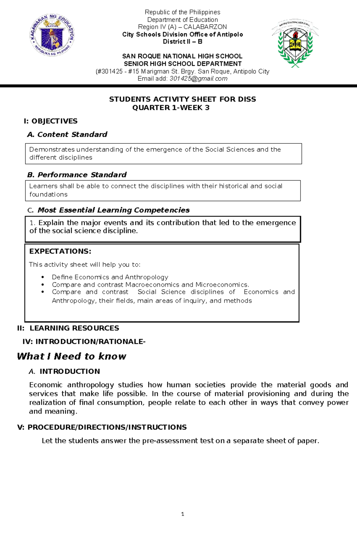 DISS 3 Activity Sheet: Exploring Economics & Anthropology Concepts ...
