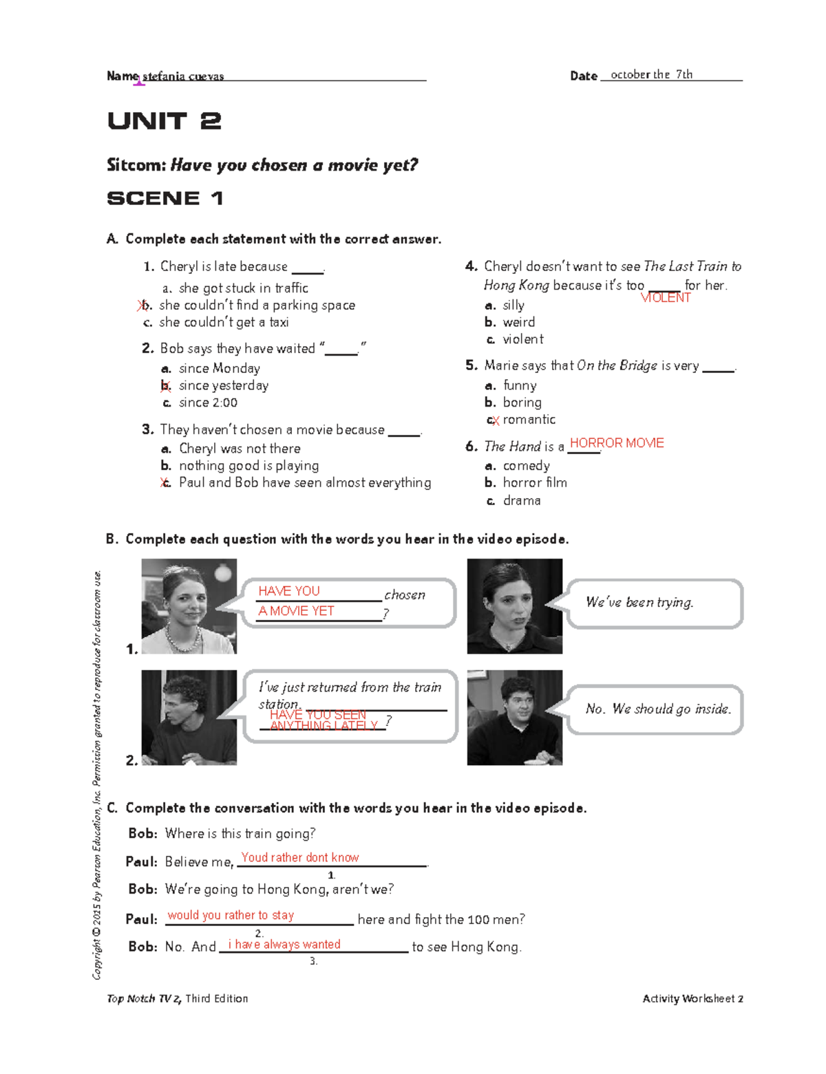 UNIT 02 TV Activity Worksheets: Sitcom Movie Selection Exercises - Studocu