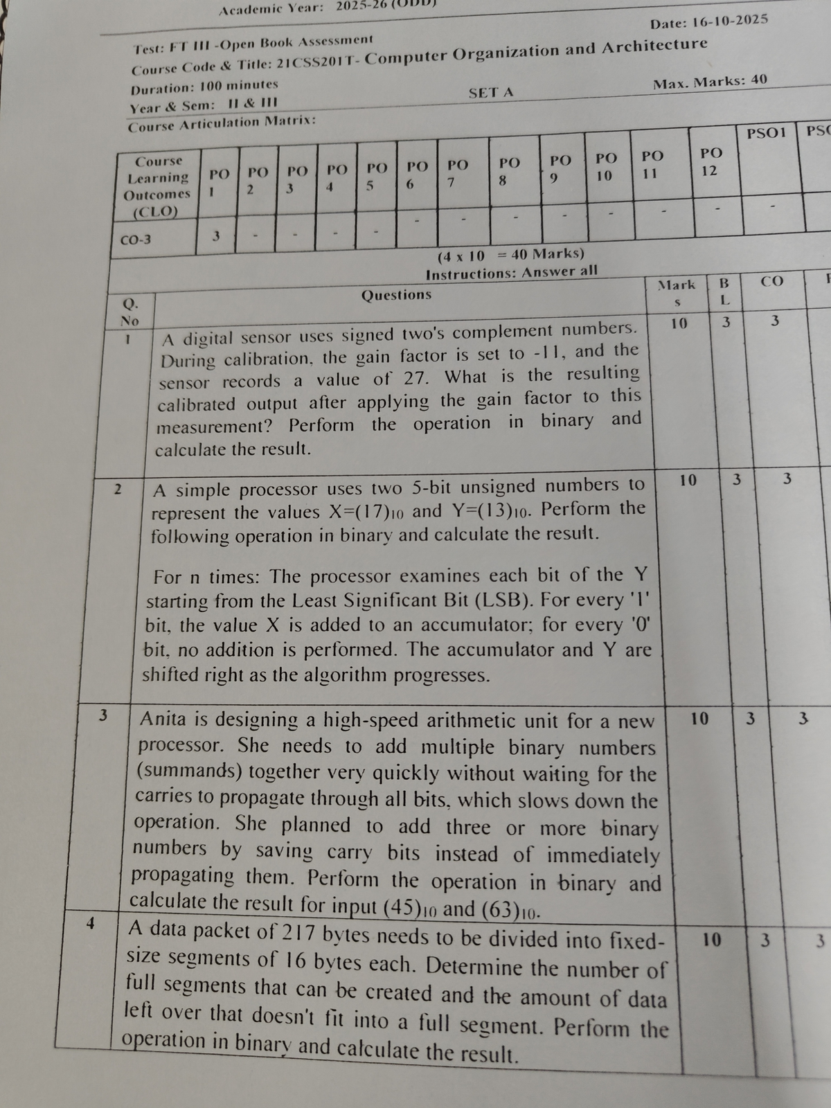 Computer Organization and Architecture II FT Book Assessment - SET A ...