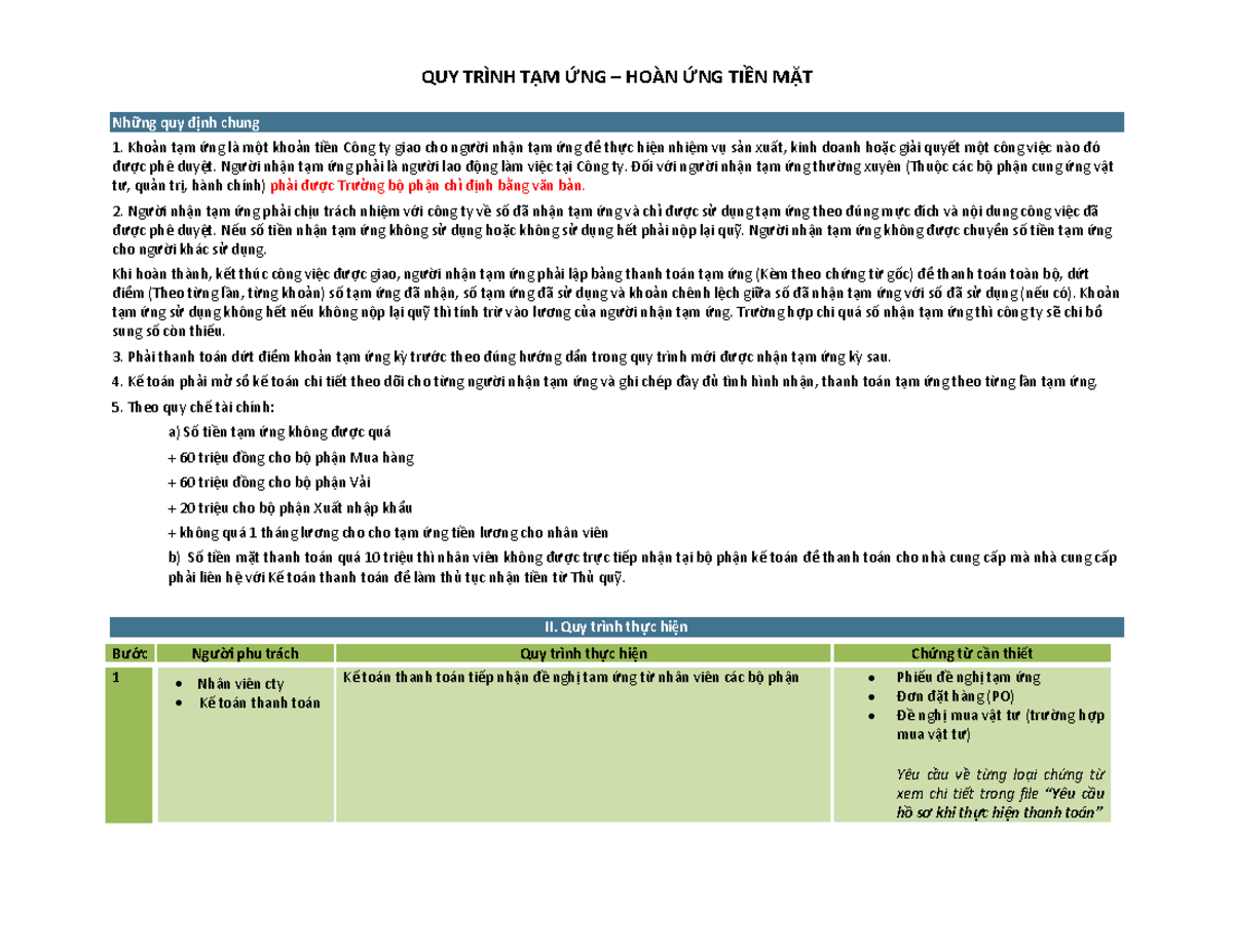 1. QUY Trinh TAM UNG - QUY TRÃNH TẠM ỨNG – HO¿N ỨNG TIỀN MẶT Nhÿng quy ...