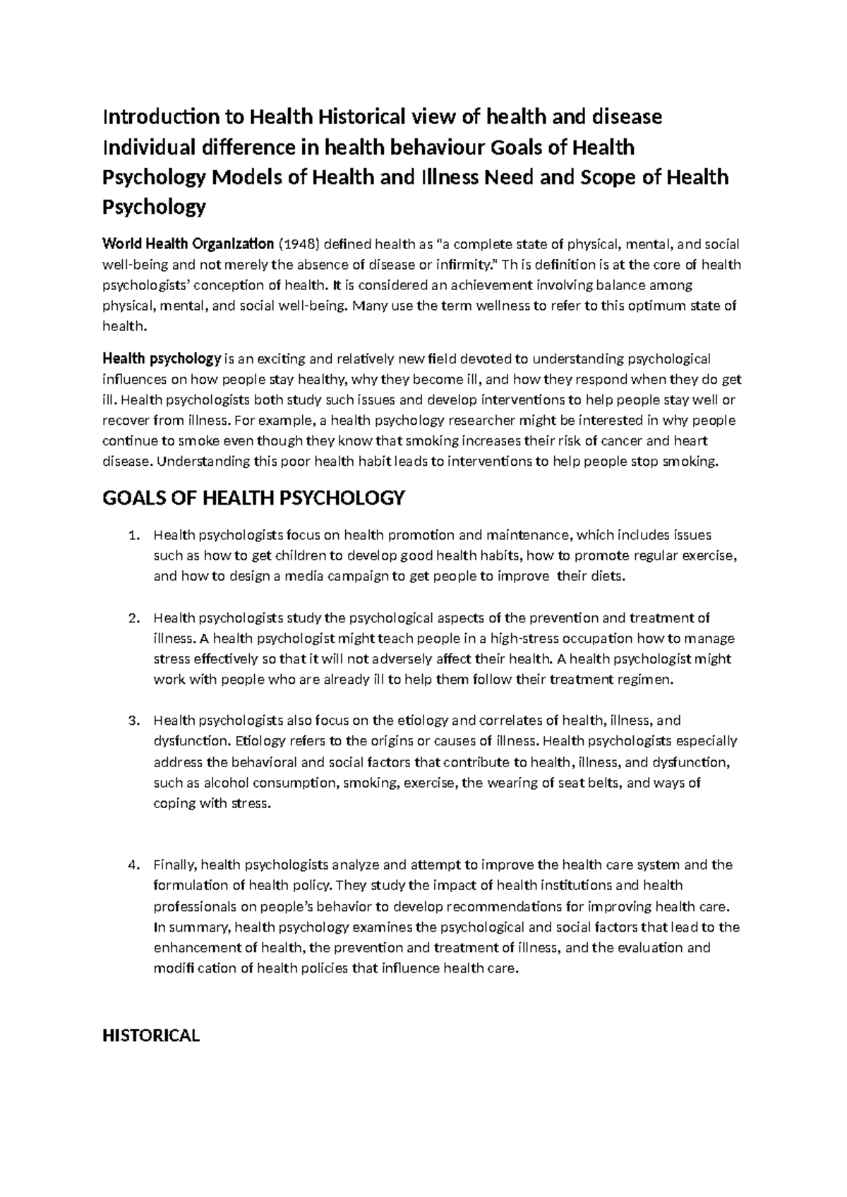 Health Psychology: Historical Perspectives, Goals, and Models (PSY 101 ...