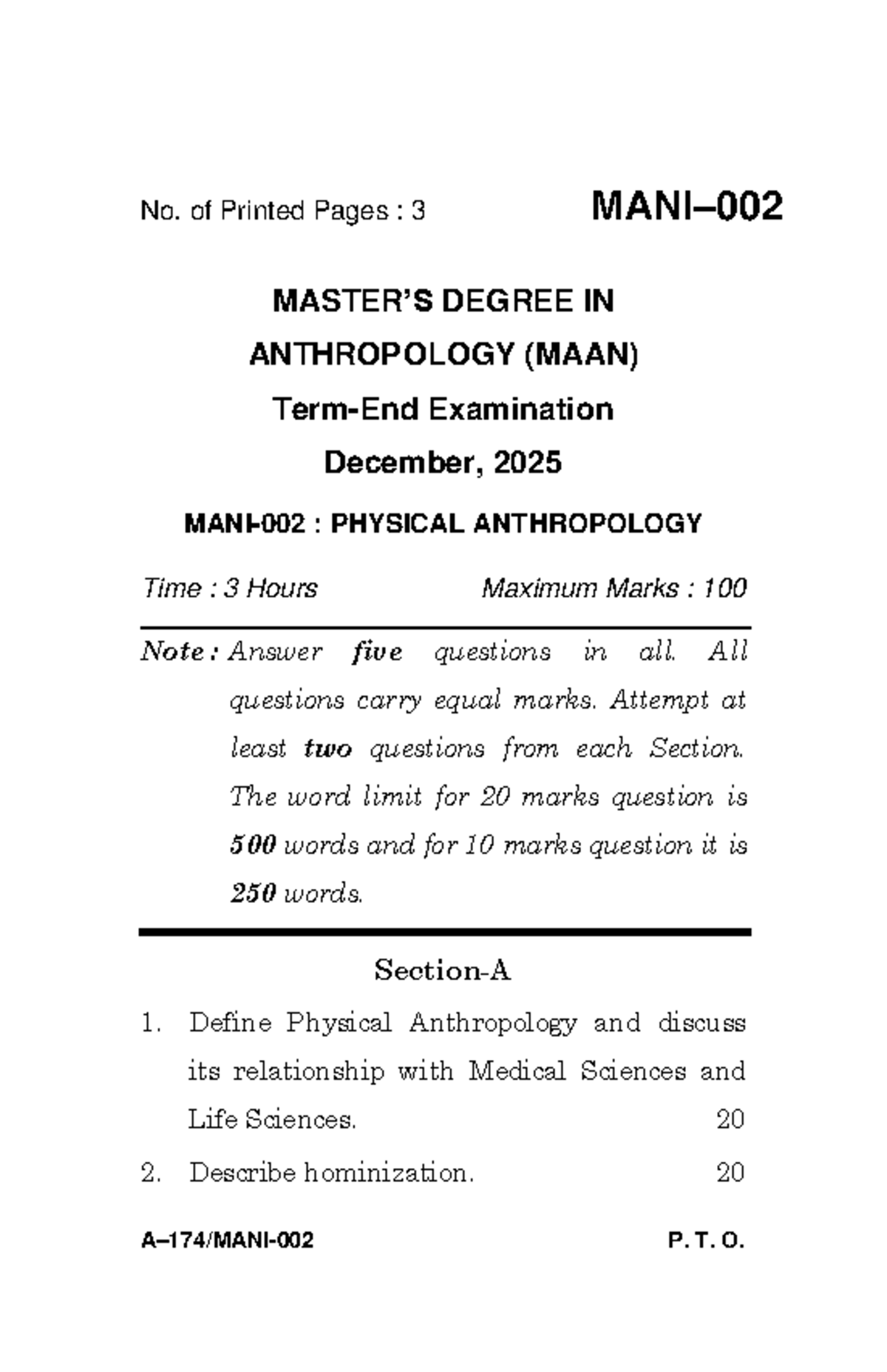MANI-002 - Physical Anthropology Exam Questions December 2025 - Studocu