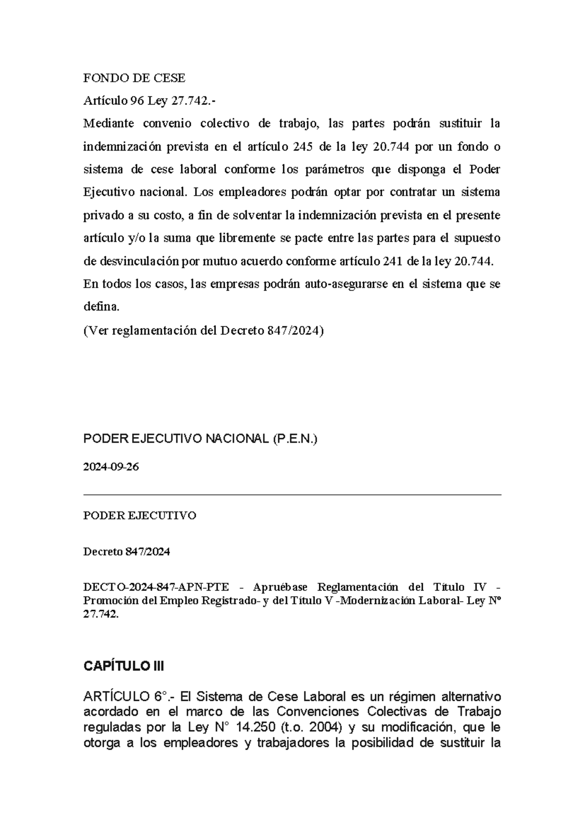 Extinción del Contrato de Trabajo: Fondo de Cese Laboral (Decreto 847 ...