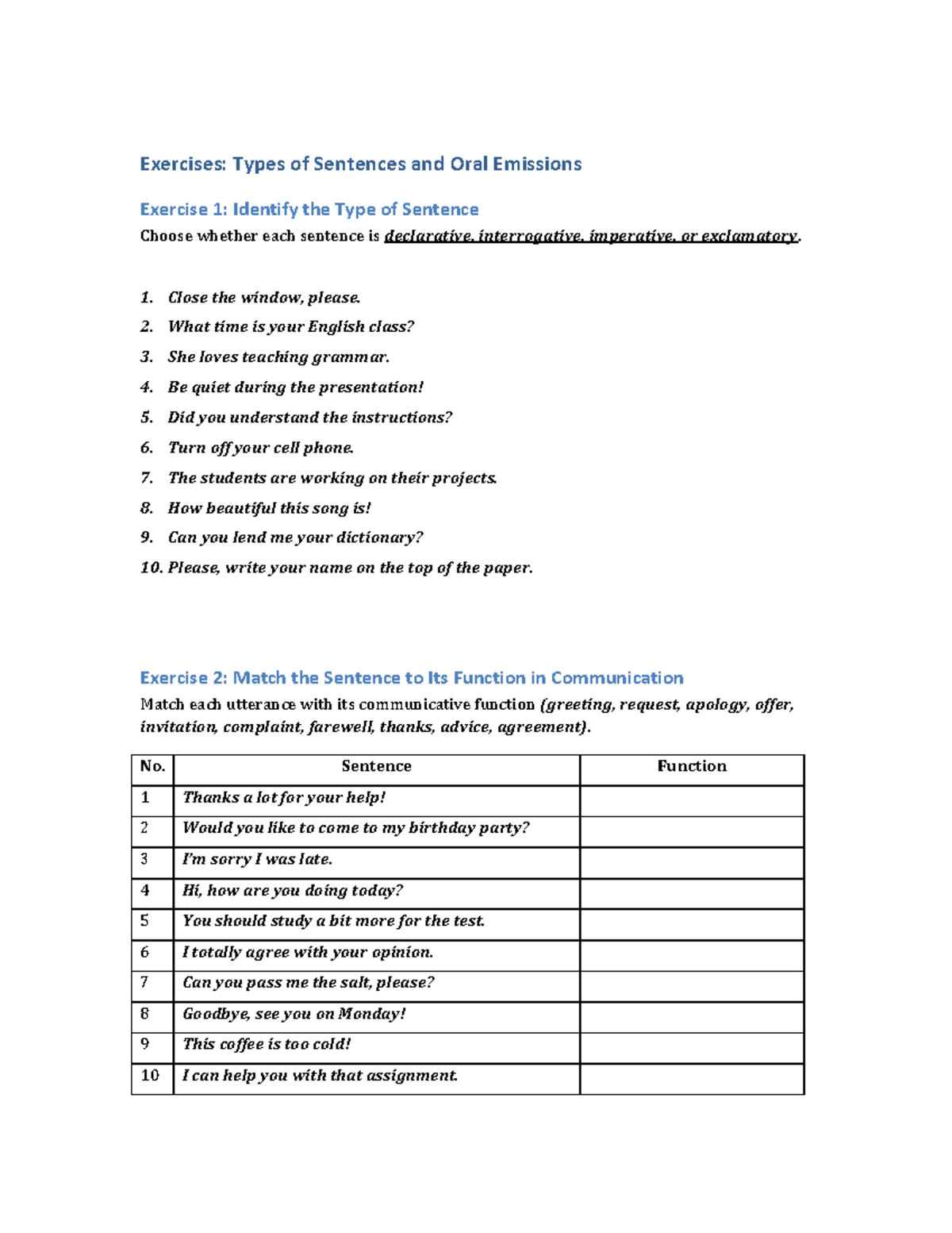 Types of Sentences and Oral Emissions Exercises: Identification ...