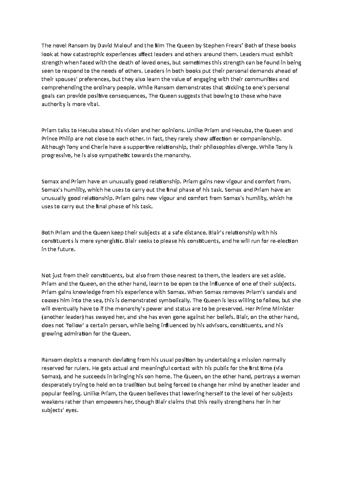 Essay for english on the queen and ransom - The novel Ransom by David ...