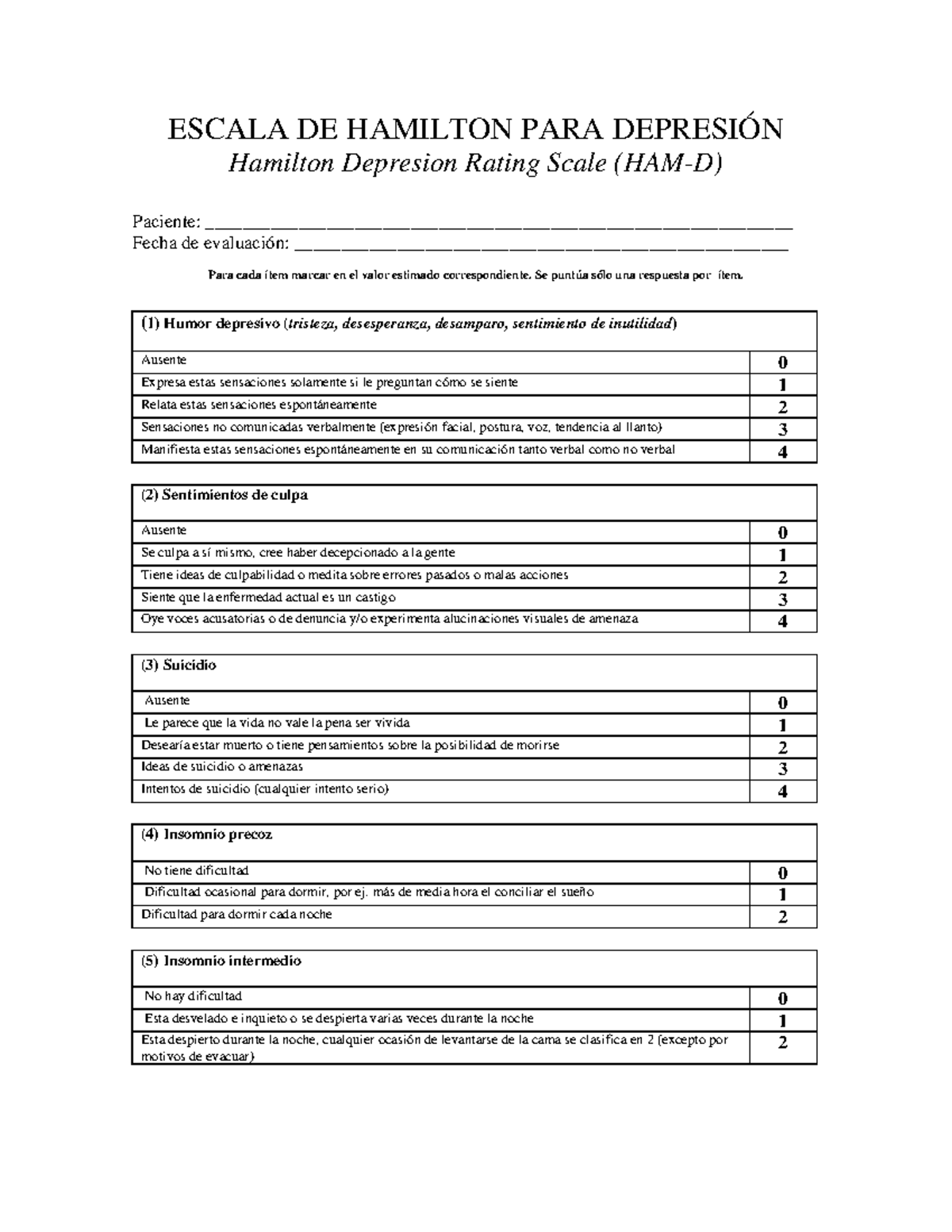 HAM-D V17 - Escala Hamilton - ESCALA DE HAMILTON PARA DEPRESIÓN ...