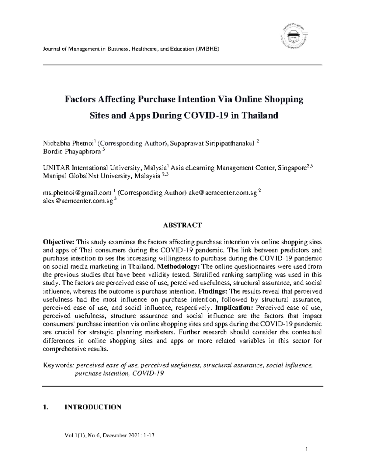 Factors Affecting Purchase Intention Via - com 2 alex@aemcenter.com 3 ...