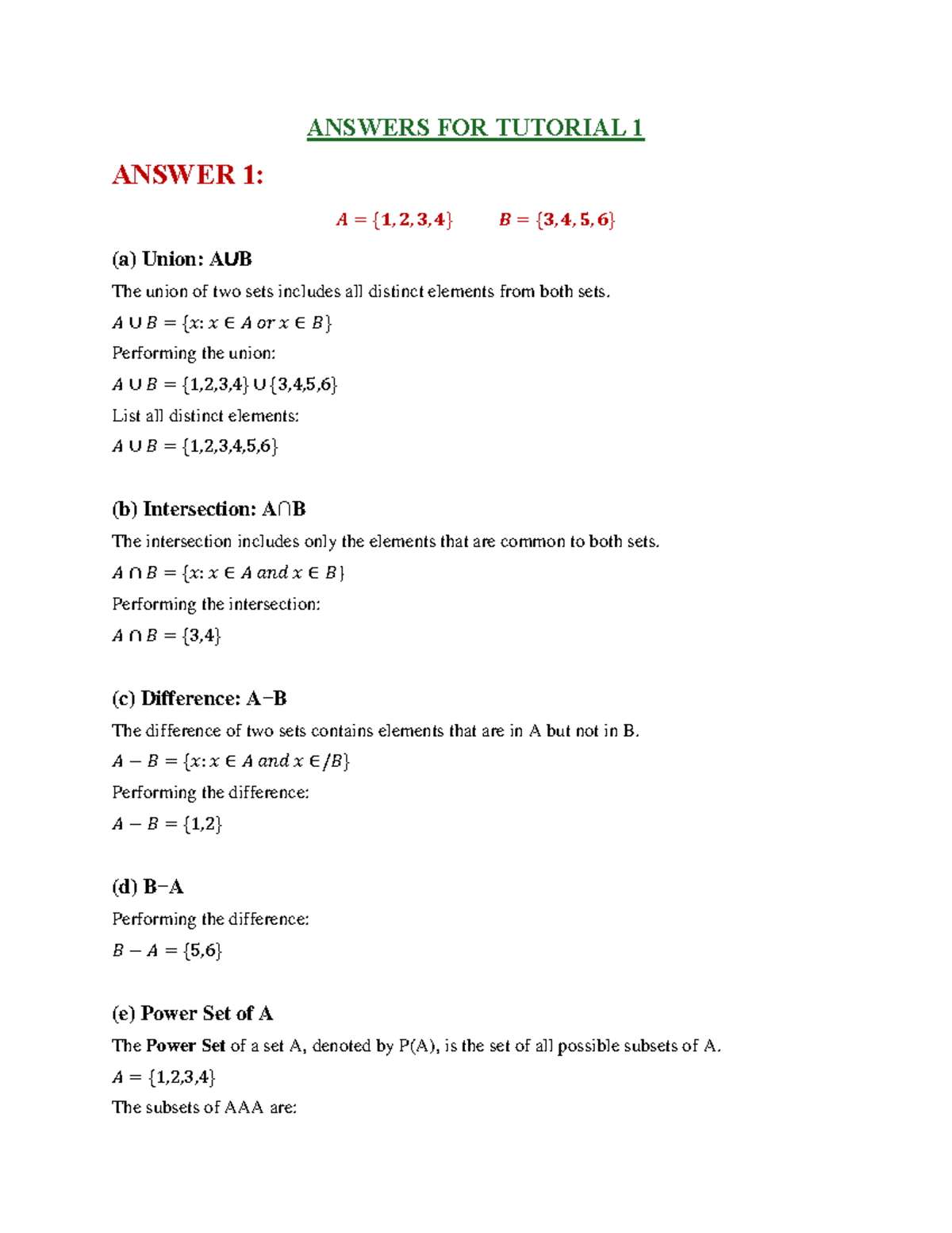 Tutorial 1 Answers: Set Operations & Mathematical Induction Concepts ...