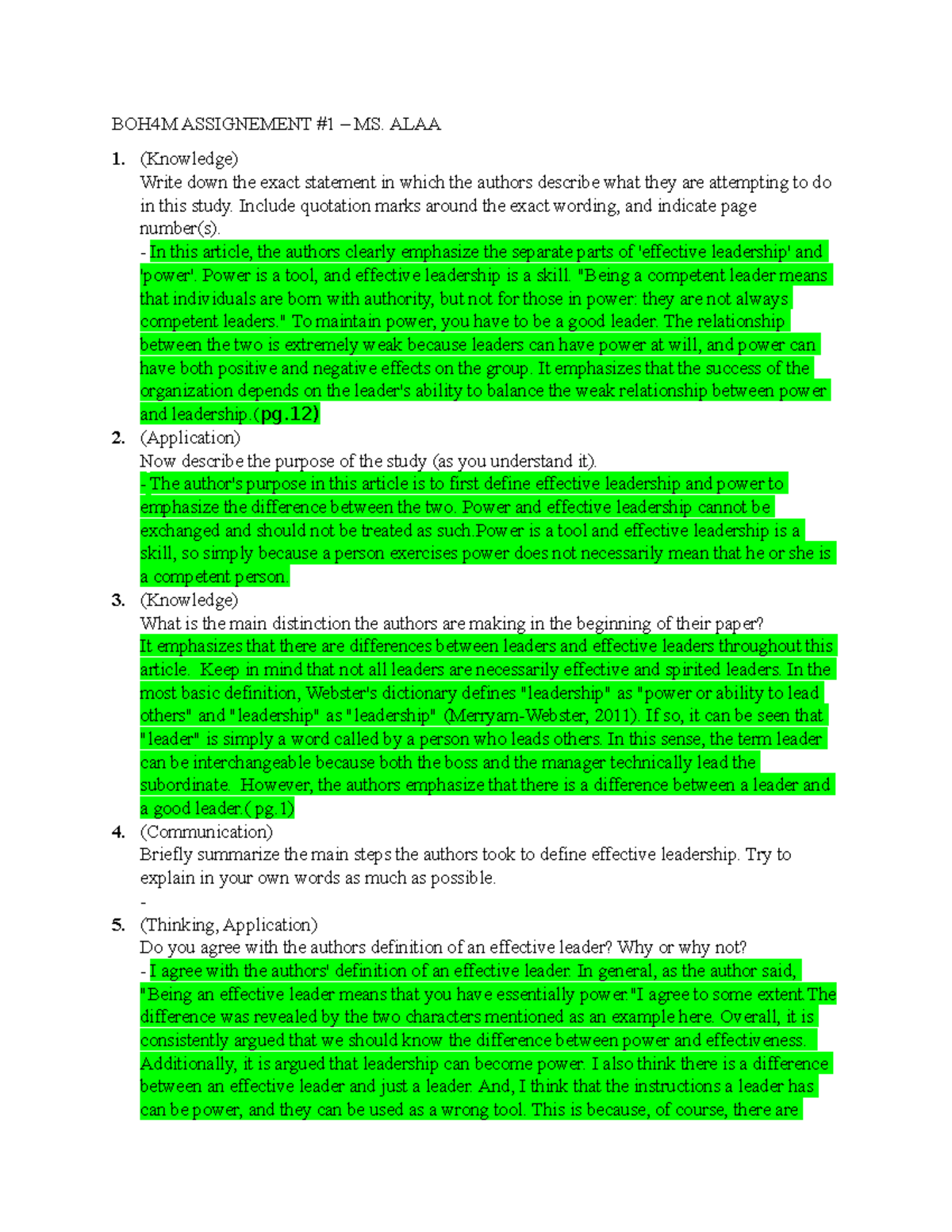 BOH4M Assignment 1 - Understanding Leadership and Power Dynamics - Studocu