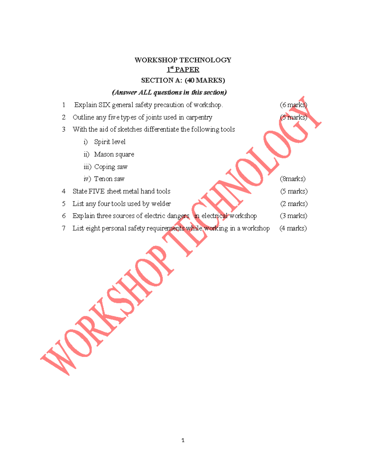 WORKSHOP TECHNOLOGY 1st PAPER: Safety, Tools, and Operations Guide ...
