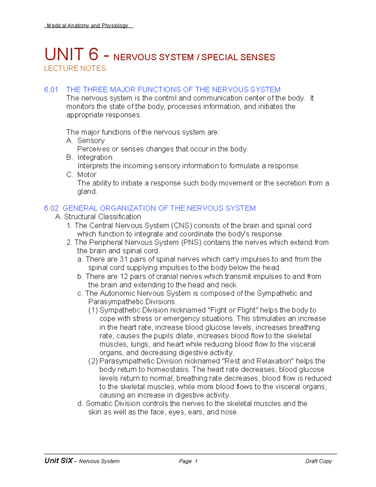 Back Medical Anatomy and Physiology UNIT 6 Nervous System & Special ...