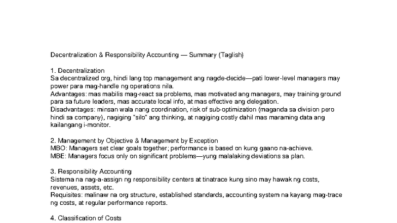 Decentralization & Responsibility Accounting Summary (Taglish) - Studocu