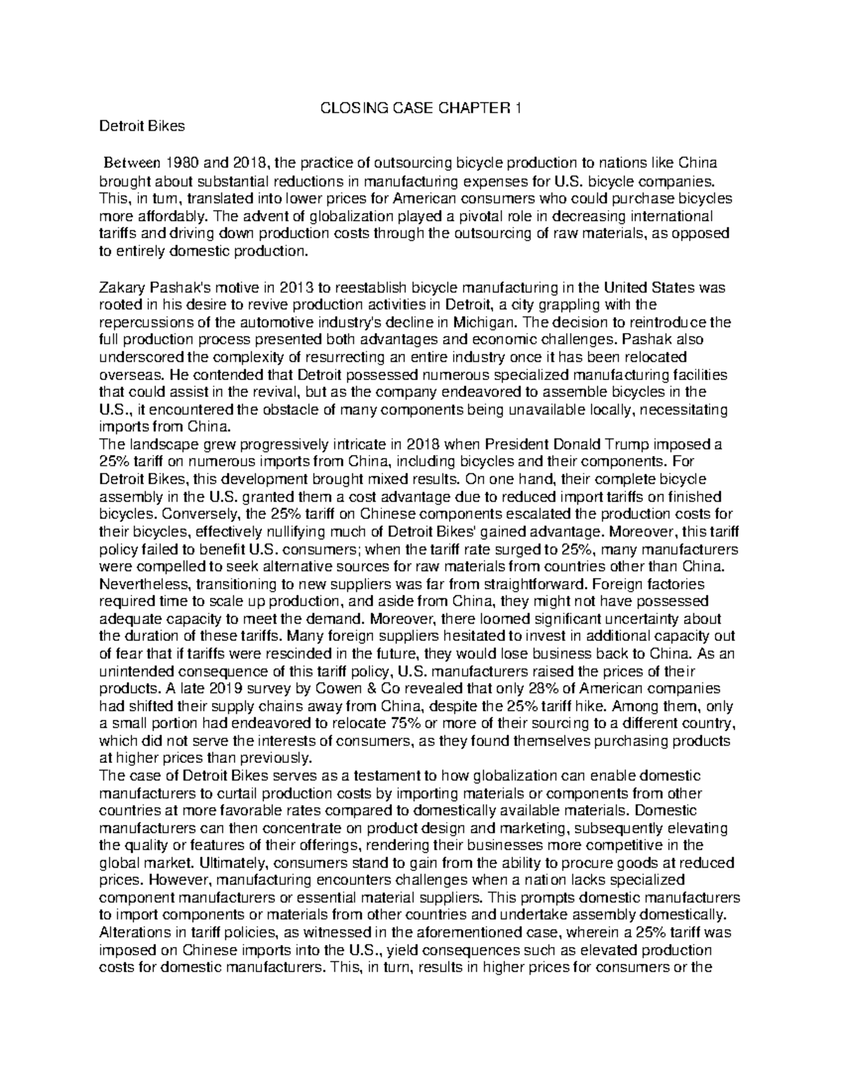 Detroit Bikes: Challenges and Impacts of Globalization in CASE Chap 1 - Studocu